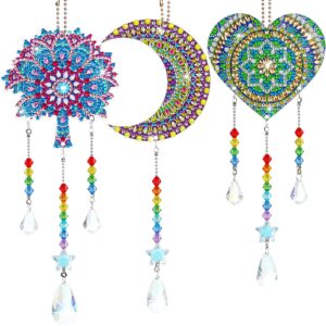 3 pieces diamond painting suncatcher wind chime cross sun star moon heart mandala double sided crystal gem paint by number diamond painting hanging ornament for home garden (moon, heart, mandala)