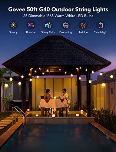 Govee Outdoor Lights, 50ft G40 APP Control String Lights with 6 Scene Modes, IP65 Waterproof Shatterproof Outdoor String Lights with 25 Dimmable Warm White LED Bulbs for Balcony, Backyard, Party