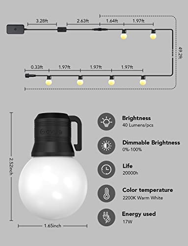 Govee Outdoor Lights, 50ft G40 APP Control String Lights with 6 Scene Modes, IP65 Waterproof Shatterproof Outdoor String Lights with 25 Dimmable Warm White LED Bulbs for Balcony, Backyard, Party