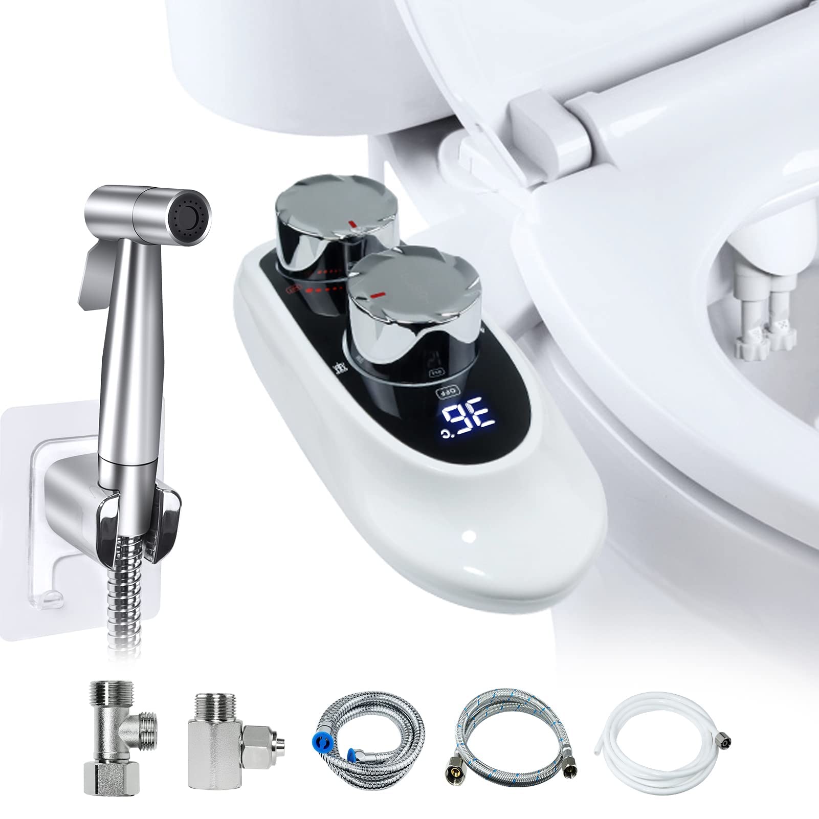 2-in-1 Bidet Attachment for Toilet with Handheld Bidet Sprayer, Temperature Display Hot & Cold Water Non-Electric Frontal & Rear Wash Bidet Attachment, Self-Cleaning Dual Nozzle & Adjustable Pressure