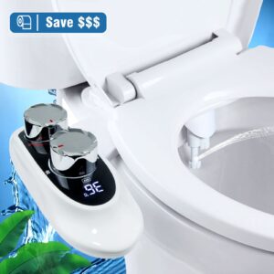 2-in-1 Bidet Attachment for Toilet with Handheld Bidet Sprayer, Temperature Display Hot & Cold Water Non-Electric Frontal & Rear Wash Bidet Attachment, Self-Cleaning Dual Nozzle & Adjustable Pressure