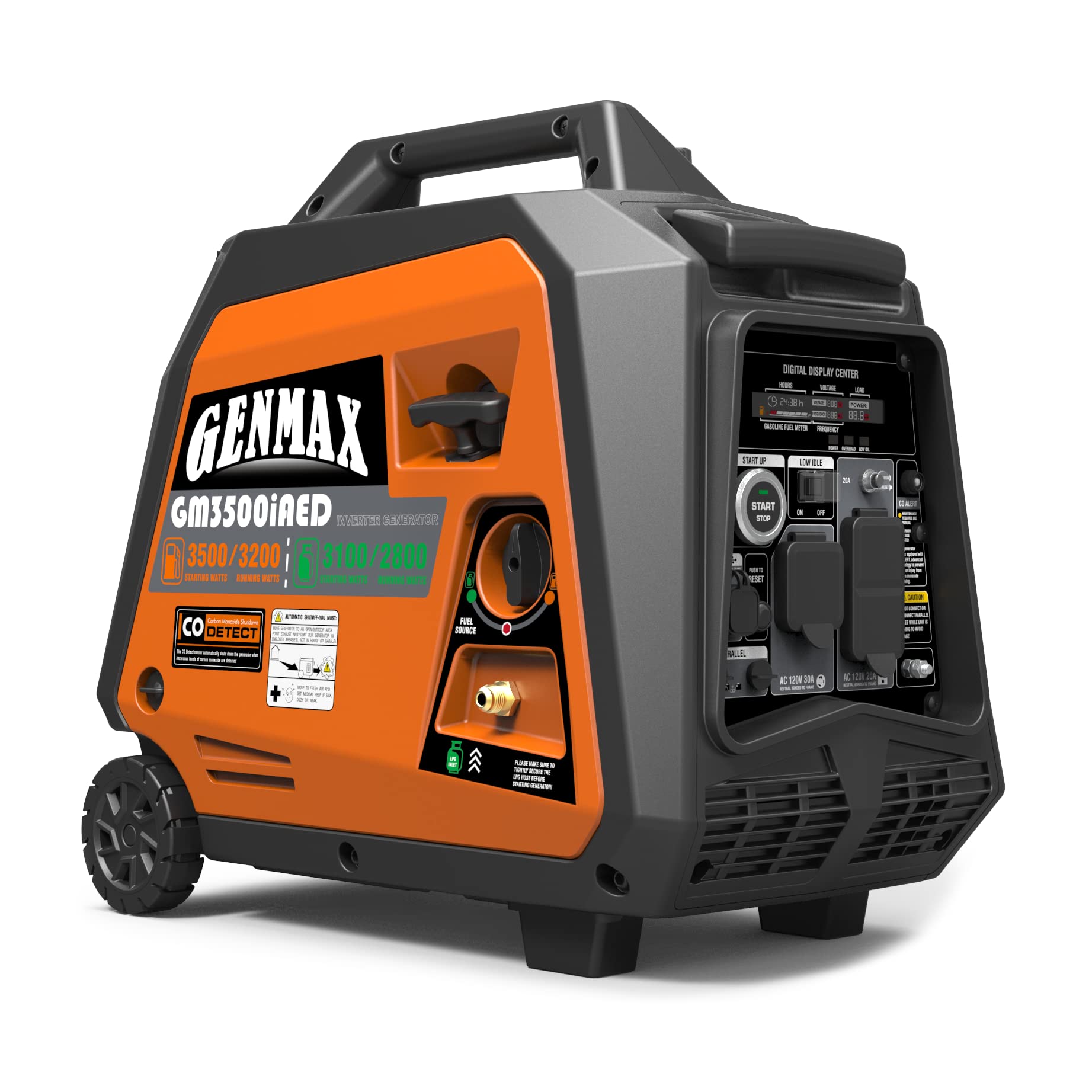 GENMAX Portable Inverter Generator, 3500W Super Quiet Gas or Propane Powered Engine with Parallel Capability, Remote/Electric Start, Ideal for Camping Travel Outdoor.EPA Compliant (GM3500iAED)