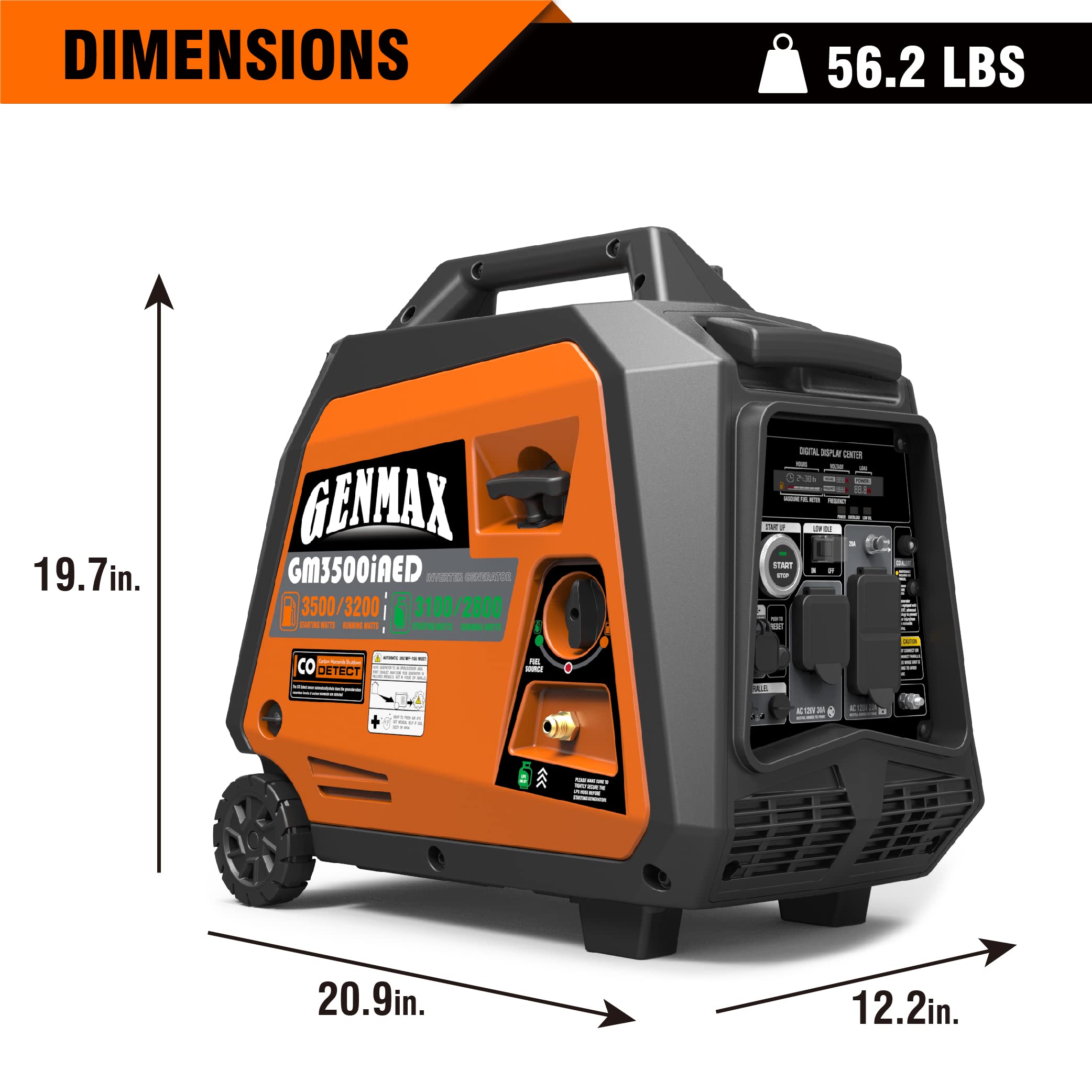 GENMAX Portable Inverter Generator, 3500W Super Quiet Gas or Propane Powered Engine with Parallel Capability, Remote/Electric Start, Ideal for Camping Travel Outdoor.EPA Compliant (GM3500iAED)