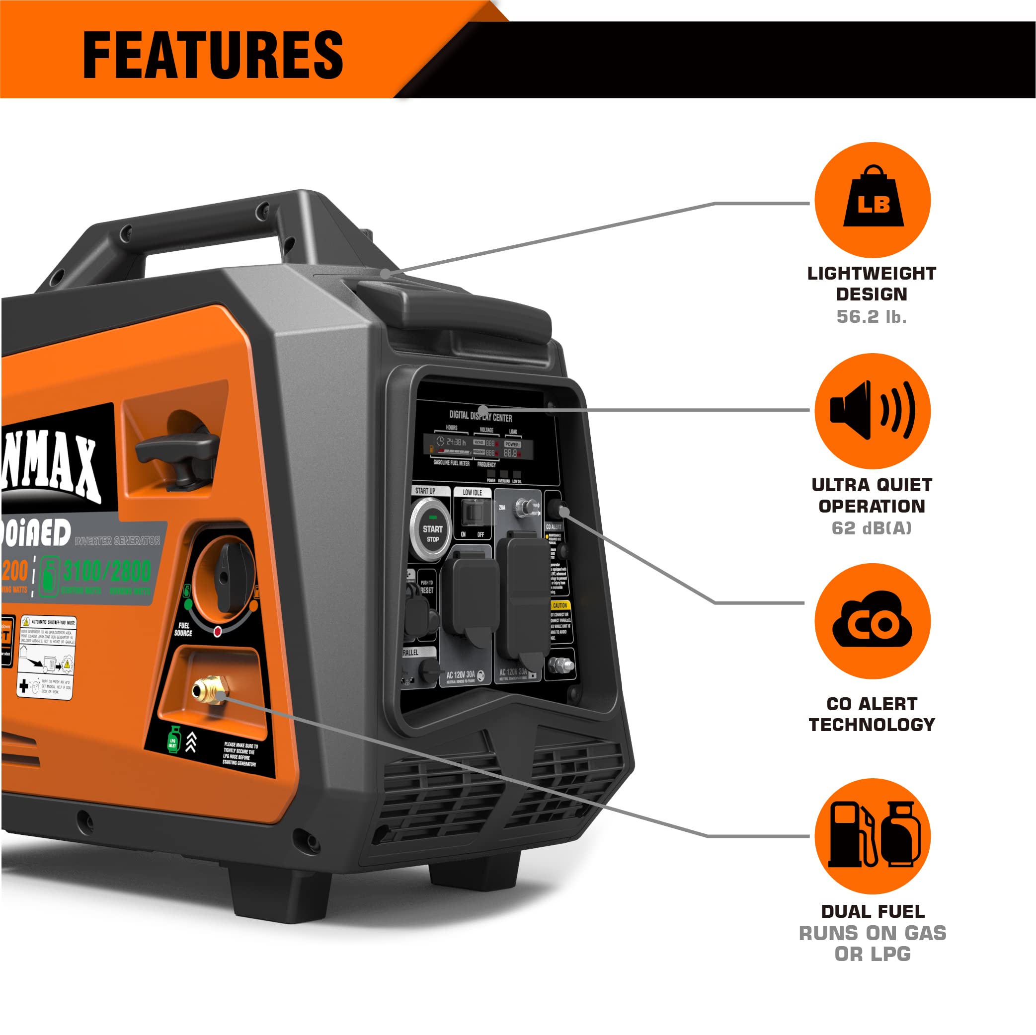 GENMAX Portable Inverter Generator, 3500W Super Quiet Gas or Propane Powered Engine with Parallel Capability, Remote/Electric Start, Ideal for Camping Travel Outdoor.EPA Compliant (GM3500iAED)