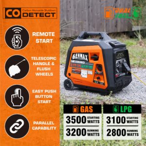 GENMAX Portable Inverter Generator, 3500W Super Quiet Gas or Propane Powered Engine with Parallel Capability, Remote/Electric Start, Ideal for Camping Travel Outdoor.EPA Compliant (GM3500iAED)