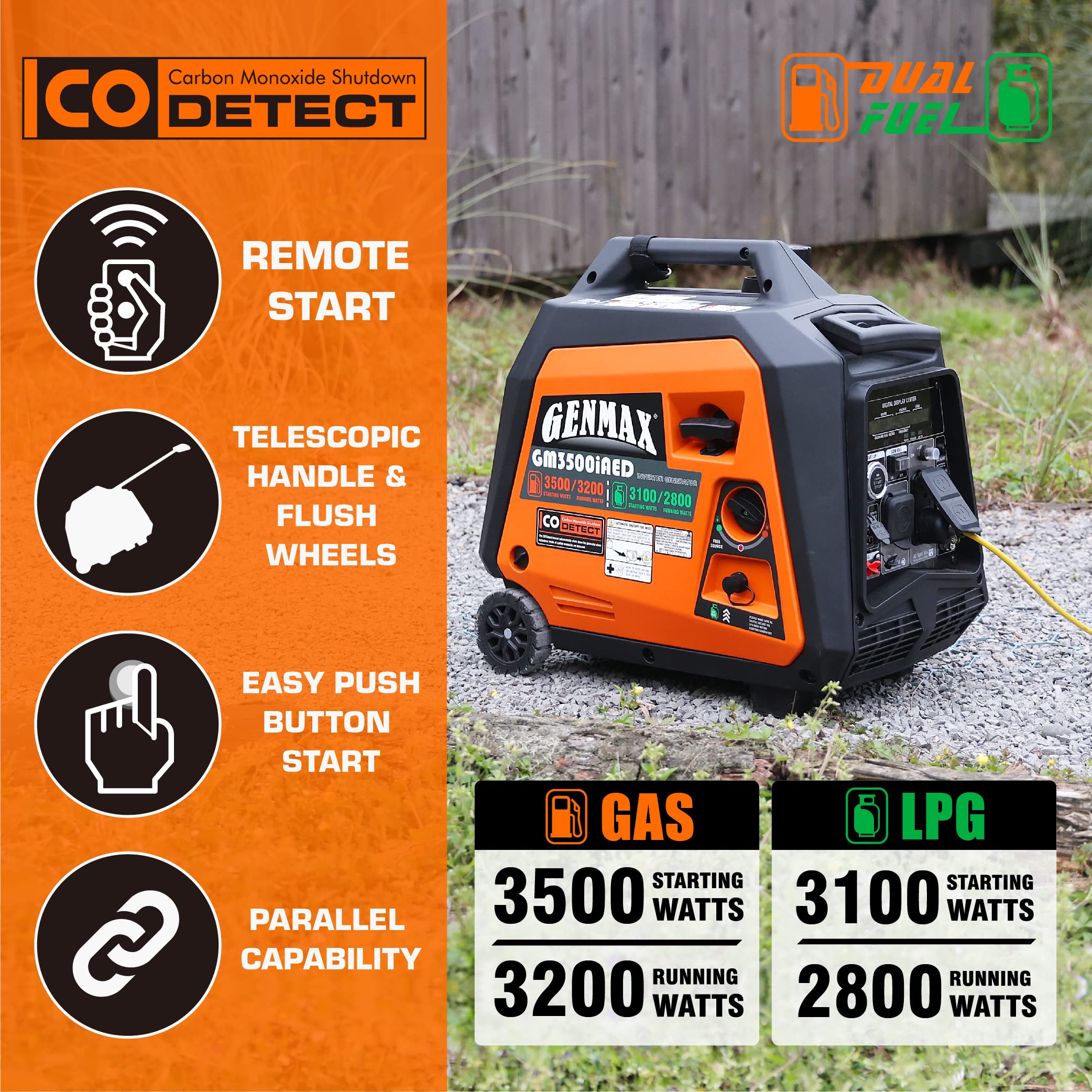 GENMAX Portable Inverter Generator, 3500W Super Quiet Gas or Propane Powered Engine with Parallel Capability, Remote/Electric Start, Ideal for Camping Travel Outdoor.EPA Compliant (GM3500iAED)