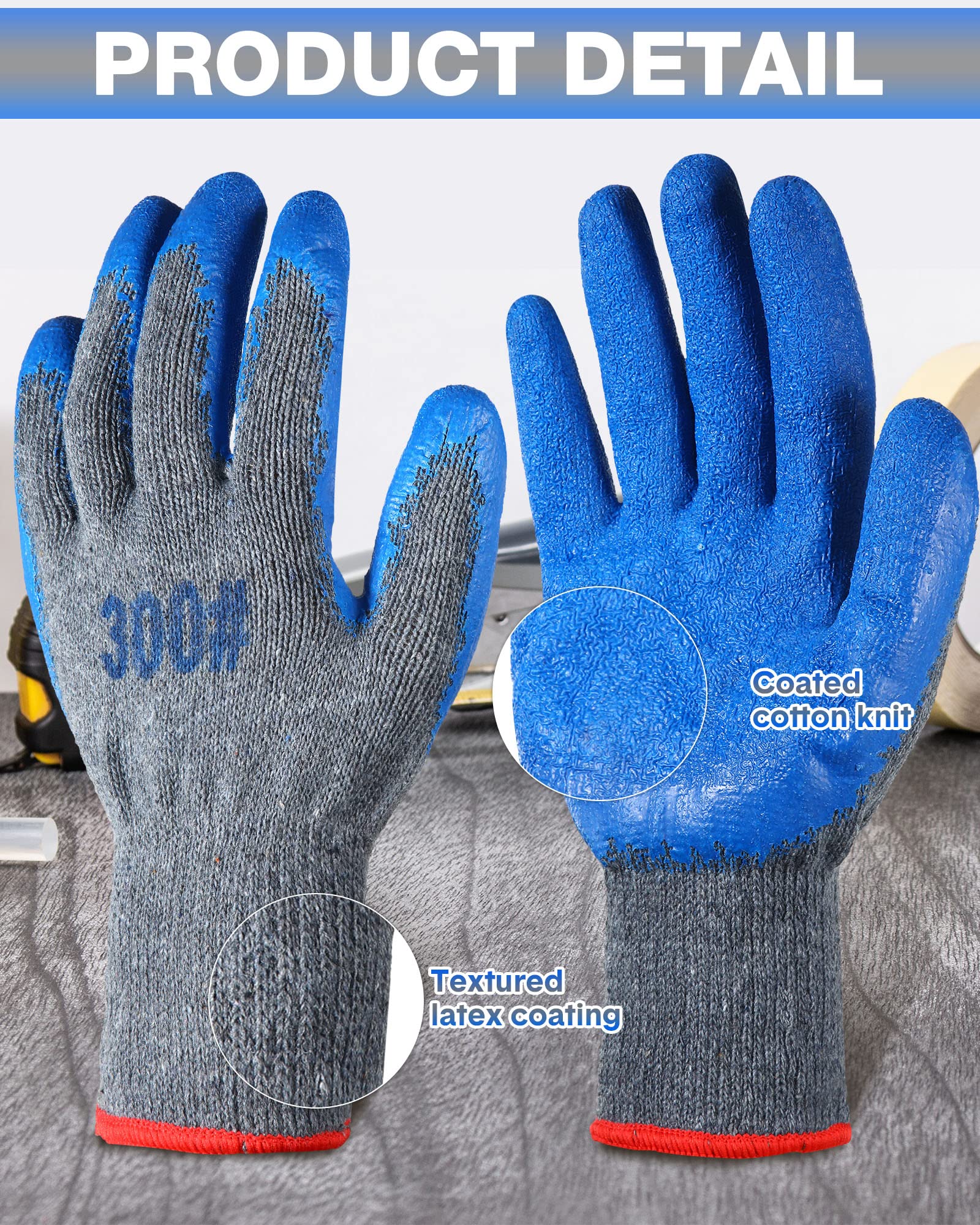 Haysandy 36 Pairs Rubber Latex Double Coated Gloves Large Gardening Gloves Blue Construction Gloves for Men Rubber Coated Gloves for Outdoor