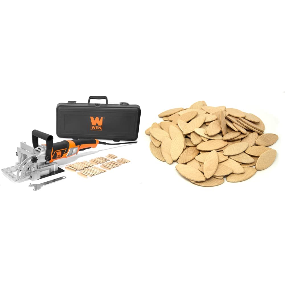 WEN JN8504 8.5-Amp Plate and Biscuit Joiner with Case and Biscuits & JN122B Birch Wood Biscuits for Woodworking, 100 Pack