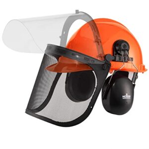 nocry 6-in-1 industrial chainsaw helmet with face shield and ear muffs - includes a mesh chainsaw face shield & a clear plastic face visor - ansi z89.1 certified forestry helmet or arborist helmet