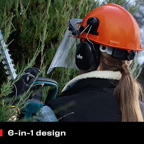 NoCry 6-in-1 Industrial Chainsaw Helmet with Face Shield and Ear Muffs - Includes a Mesh Chainsaw Face Shield & a Clear Plastic Face Visor - ANSI Z89.1 Certified Forestry Helmet or Arborist Helmet