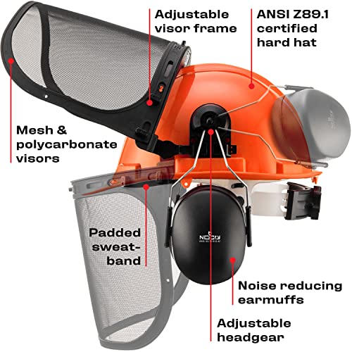 NoCry 6-in-1 Industrial Chainsaw Helmet with Face Shield and Ear Muffs - Includes a Mesh Chainsaw Face Shield & a Clear Plastic Face Visor - ANSI Z89.1 Certified Forestry Helmet or Arborist Helmet