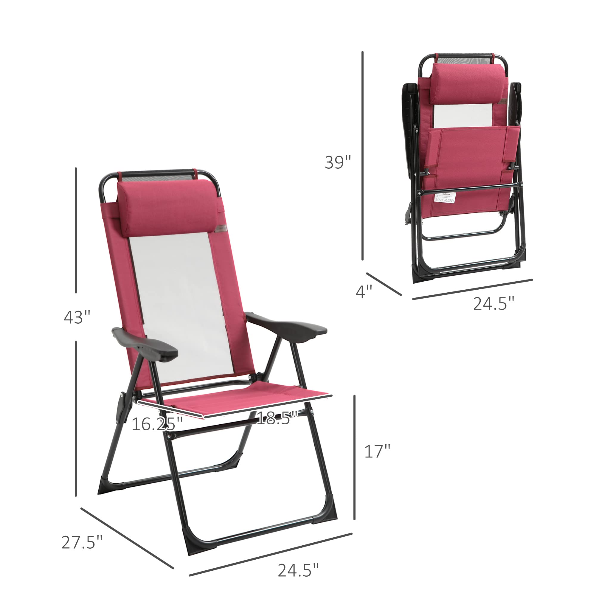 Outsunny Folding Patio Chairs Set of 2, Outdoor Deck Chair with Adjustable Sling Back, Camping Chair with Removable Headrest for Garden, Backyard, Lawn, Red