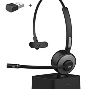 ASIAMENG Bluetooth Headset with USB Dongle/Adapter, Single-Ear Wireless Headset with Noise Cancelling Microphone Mute Key Charging Base/Stand for Computer PC Laptop Cell Phones Trucker Office Home