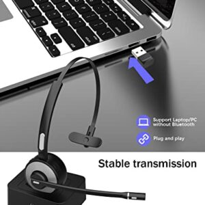 ASIAMENG Bluetooth Headset with USB Dongle/Adapter, Single-Ear Wireless Headset with Noise Cancelling Microphone Mute Key Charging Base/Stand for Computer PC Laptop Cell Phones Trucker Office Home