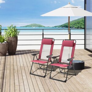 Outsunny Folding Patio Chairs Set of 2, Outdoor Deck Chair with Adjustable Sling Back, Camping Chair with Removable Headrest for Garden, Backyard, Lawn, Red