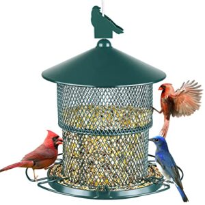 bird feeder for wild birds, retractable 7lb seed capacity hanging wild bird feeder, heavy duty metal squirrel-proof bird feeders for outside garden (green)