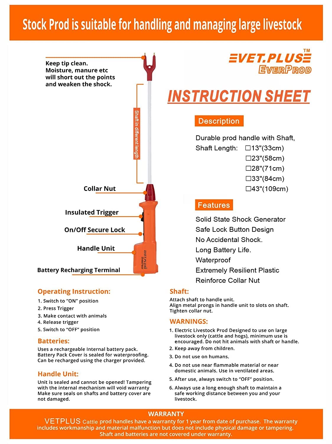 VET.PLUS Rechargeable Waterproof Livestock Prod for Cows Cattle and Swine prod hog prod Animal prod for Big Large Dogs (NOT for Small Dog OR Pets), Shaft Length 28 inch, Total Length 38 1/2 inch