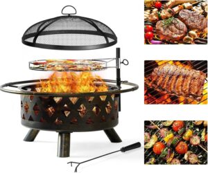 aoxun fire pit 30in with grill outdoor wood burning 2 in 1 fire pit with fire poker (black)