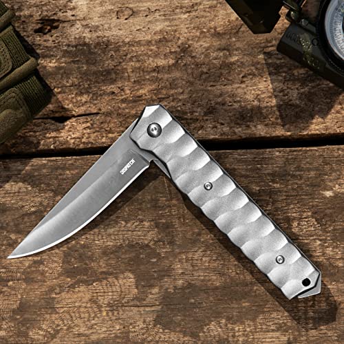 Dispatch Folding Pocket Knife Aluminum Handle with Sanding Drop Point Blade Knife for Camping, Hunting, Hiking, Multifunction Knife Tool