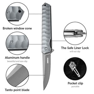 Dispatch Folding Pocket Knife Aluminum Handle with Sanding Drop Point Blade Knife for Camping, Hunting, Hiking, Multifunction Knife Tool