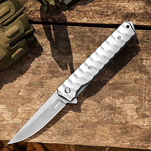 Dispatch Folding Pocket Knife Aluminum Handle with Sanding Drop Point Blade Knife for Camping, Hunting, Hiking, Multifunction Knife Tool