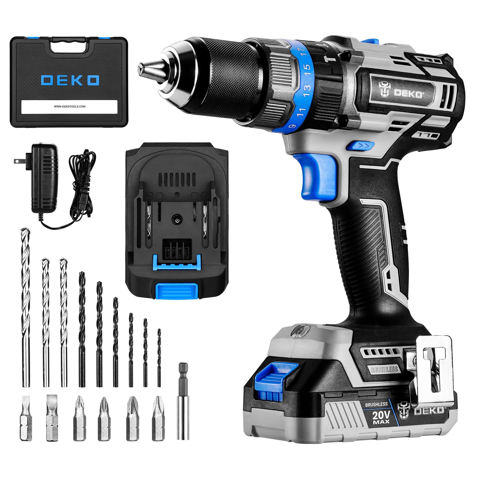 DEKOPRO Hammer Drill 20V Brushless Power Drill Set with Impact Drill,Cordless Drill with Battery and Charger,550 In-lbs,21+3 Torque Setting,1/2'' Keyless Chuck,2-Variable Speed,16pcs Bits Accessories