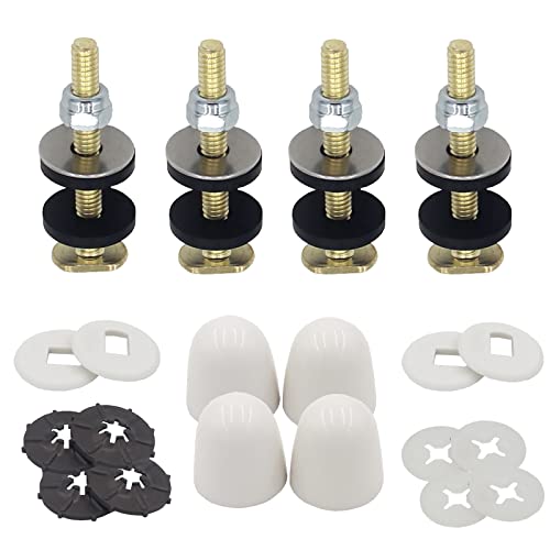 4 Pack Toilet Floor Bolts and Caps Set, Brass Plated Toilet Bolts and Stainless Steel Nut Washer with Rubber Washers Round Cover Caps for Toilet Bolts