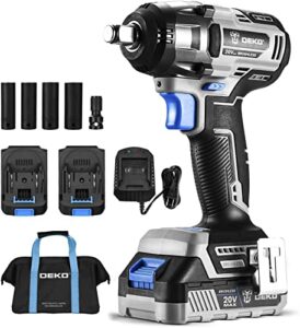 dekopro cordless impact wrench 1/2inch,20v power impact wrench, powerful brushless motor, 3-variable speed, max torque 258 ft-lbs (350n.m), 2x2.0a li-ion battery, 1 hour fast charger and tool bag