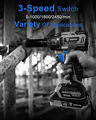 DEKOPRO Cordless Impact Wrench 1/2inch,20V Power Impact Wrench, Powerful Brushless Motor, 3-Variable Speed, Max Torque 258 ft-lbs (350N.m), 2x2.0A Li-ion Battery, 1 Hour Fast Charger and Tool Bag