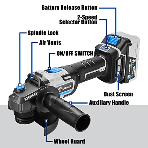 DEKOPRO Cordless Angle Grinder, 4-1/2"/5" Pad, 20V Cordless Angle Grinder w/ 4.0Ah Battery Charger, 8500RPM Brushless Motor, Auxiliary Handle, Suitable for Metal Wood