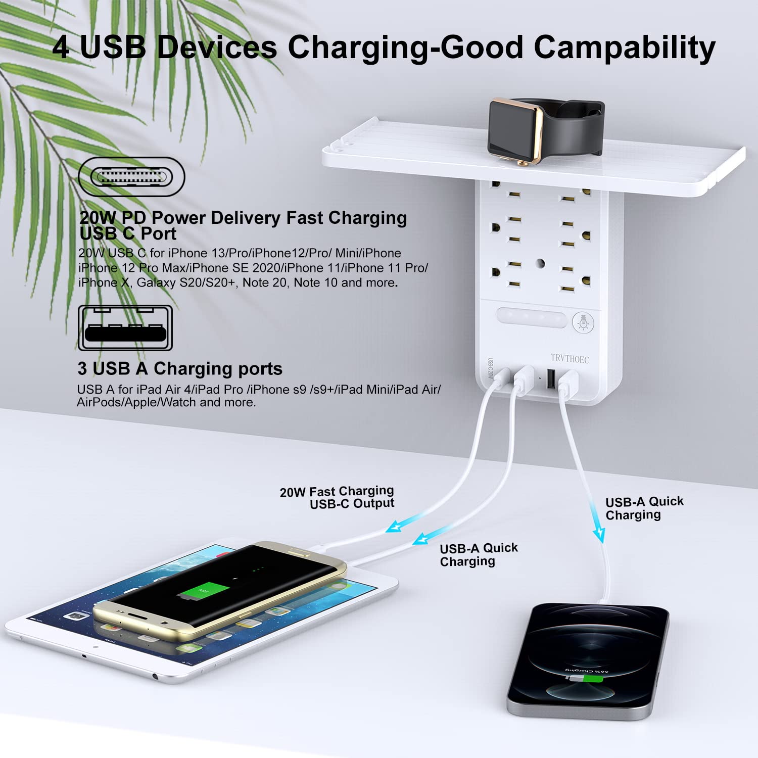 Surge Protector Wall Outlet with USB C Port 6AC Outlet Outlet Extension with Shelf Convenient Placement for Mobile Phones Suitable for Home Office Travel