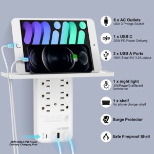 Surge Protector Wall Outlet with USB C Port 6AC Outlet Outlet Extension with Shelf Convenient Placement for Mobile Phones Suitable for Home Office Travel