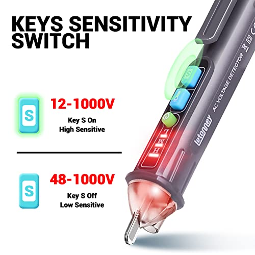 LETONNEY Non-Contact Voltage Tester Electrical Tester with Dual Range AC 12V/48V-1000V Live/Null Wire Tester, Outlet Tester with LED Flashlight, Buzzer Alarm (Grey)