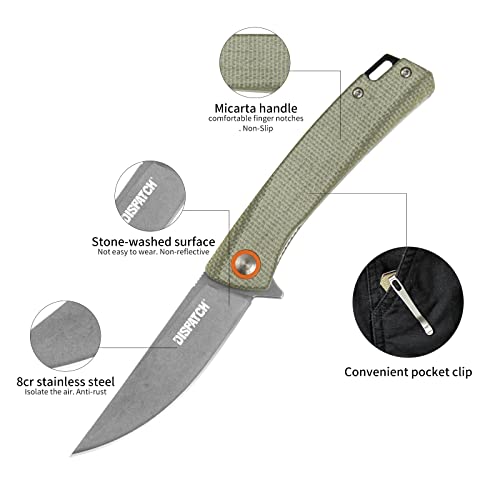 Dispatch Pocket Folding Knife, 8cr13 Stainless Steel, Micarta Handle, Survival, Hunting, Tactical, Outdoors, Camping, EDC Tool