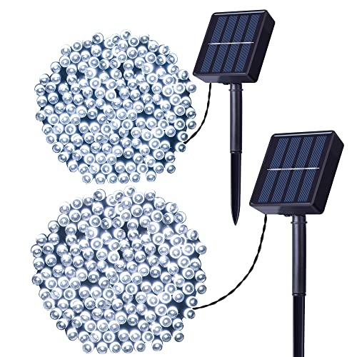 LJLNION 2 Pack Solar Powered Outdoor Decorative String Lights, 200 LED Each Christmas Lights, 8 Lighting Modes & Memory Function, Waterproof for New Year Wedding Party Patio Garden Decor, Cool White