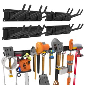 mutilife 64inch garage tool organizer wall mount, heavy duty garden organization for shovel & rake hangers yard tool rack, sturdy shed storage rack, 4 aluminum rails & 10 steel adjustable hooks