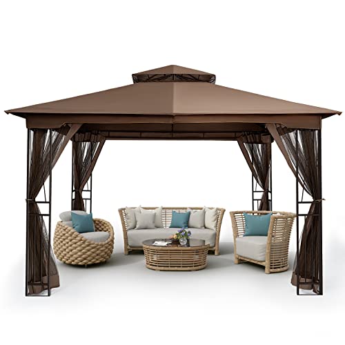 HAPPATIO 10' X 12' Outdoor Patio Gazebo, Outdoor Canopy Gazebo for Garden,Yard,Patio with Ventilation Double Roof with Mosquito Netting,Dark Brown