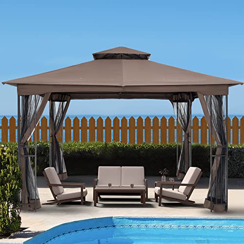 HAPPATIO 10' X 12' Outdoor Patio Gazebo, Outdoor Canopy Gazebo for Garden,Yard,Patio with Ventilation Double Roof with Mosquito Netting,Dark Brown