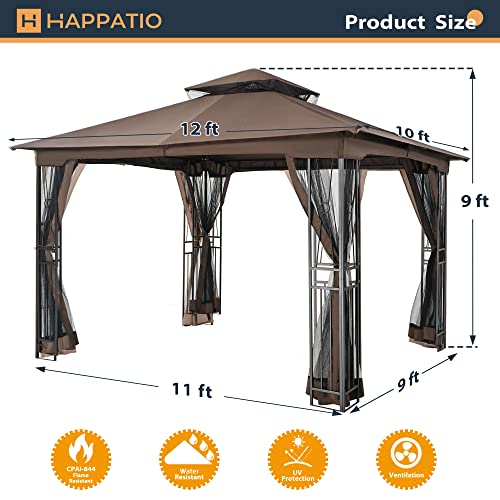 HAPPATIO 10' X 12' Outdoor Patio Gazebo, Outdoor Canopy Gazebo for Garden,Yard,Patio with Ventilation Double Roof with Mosquito Netting,Dark Brown