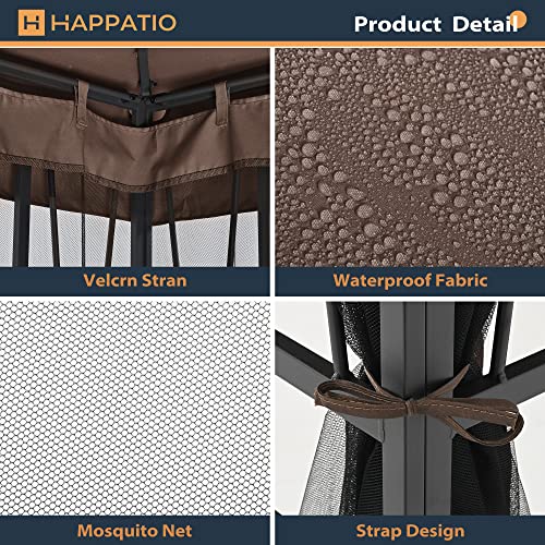 HAPPATIO 10' X 12' Outdoor Patio Gazebo, Outdoor Canopy Gazebo for Garden,Yard,Patio with Ventilation Double Roof with Mosquito Netting,Dark Brown