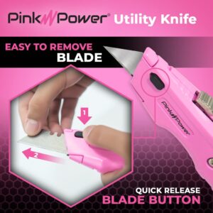 Pink Power Pink Box Cutter Retractable, Pink Utility Knife for Carpet, Cute Box Cutter Knife Heavy Duty with 3 Blades and Storage Compartment - Box Opener Pocket Utility Pink Knife Tools for Women