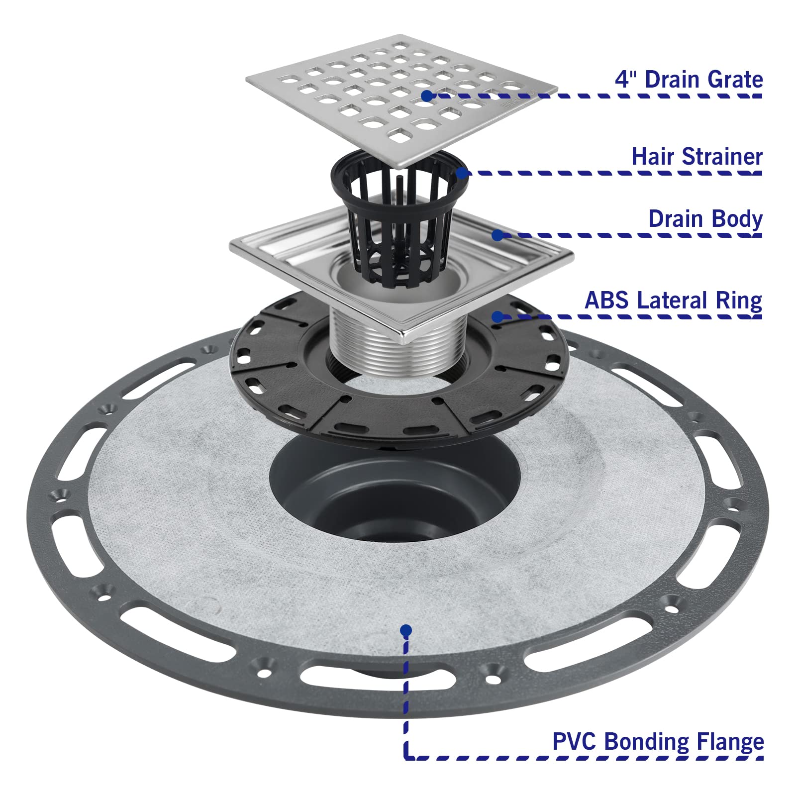 Bernkot Square Shower Drain, 4" Brushed 304 Stainless Steel Drain Grate Removable Drain Key with PVC Bonding Flange Base for Low Profile Shower Floor Tiles, CUPC Certified