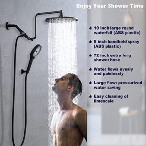 10" Rainfall Shower Head with Handheld Combo, Upgrade 12" Extension Arm Height Adjustable, 3-Way High Pressure Spray, Brass Holder Extra Long Hose, Matte Black