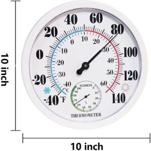 Indoor Outdoor Thermometer Hygrometer Large Wall Decor, 10 Inch Outdoor Thermometers for Patio Garden, Waterproof No Battery Needed Wall-Mounted Thermometers-White