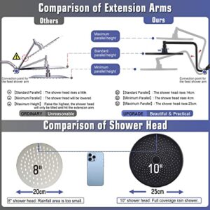 10" Rainfall Shower Head with Handheld Combo, Upgrade 12" Extension Arm Height Adjustable, 3-Way High Pressure Spray, Brass Holder Extra Long Hose, Matte Black