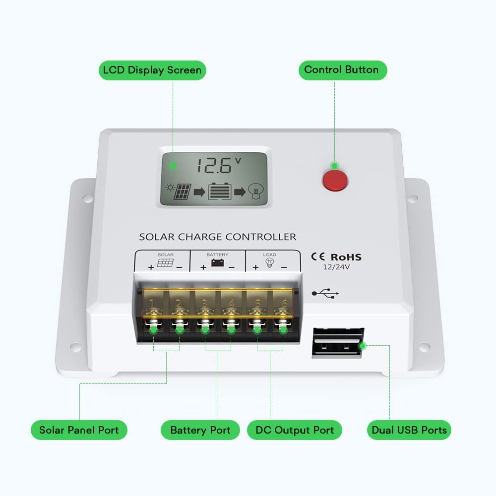 30A Solar Charge Controller, Bateria Power 12V/24V PWM Solar Panel Charger Controller Multi-Function Adjustable LCD Display with Dual USB Port Timer Setting Compatible with LFP, AGM, SLD, FLA