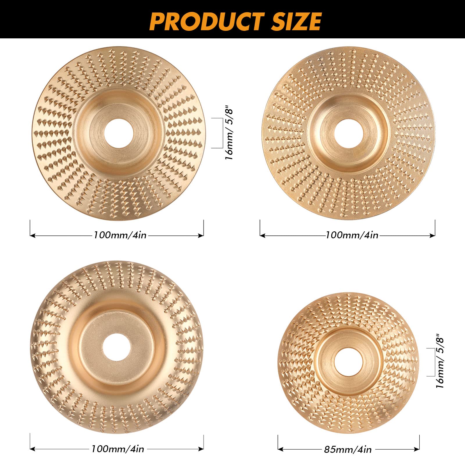 9PCS Wood Carving Disc Set,Grinding Wheel Shaping Disc for Wood Cutting for 4" or 4 1/2" Angle Grinder with 5/8" Arbor, Tungsten Carbide Grinder Cutting Wheel Attachments (Gold) (9PCS-Gold)