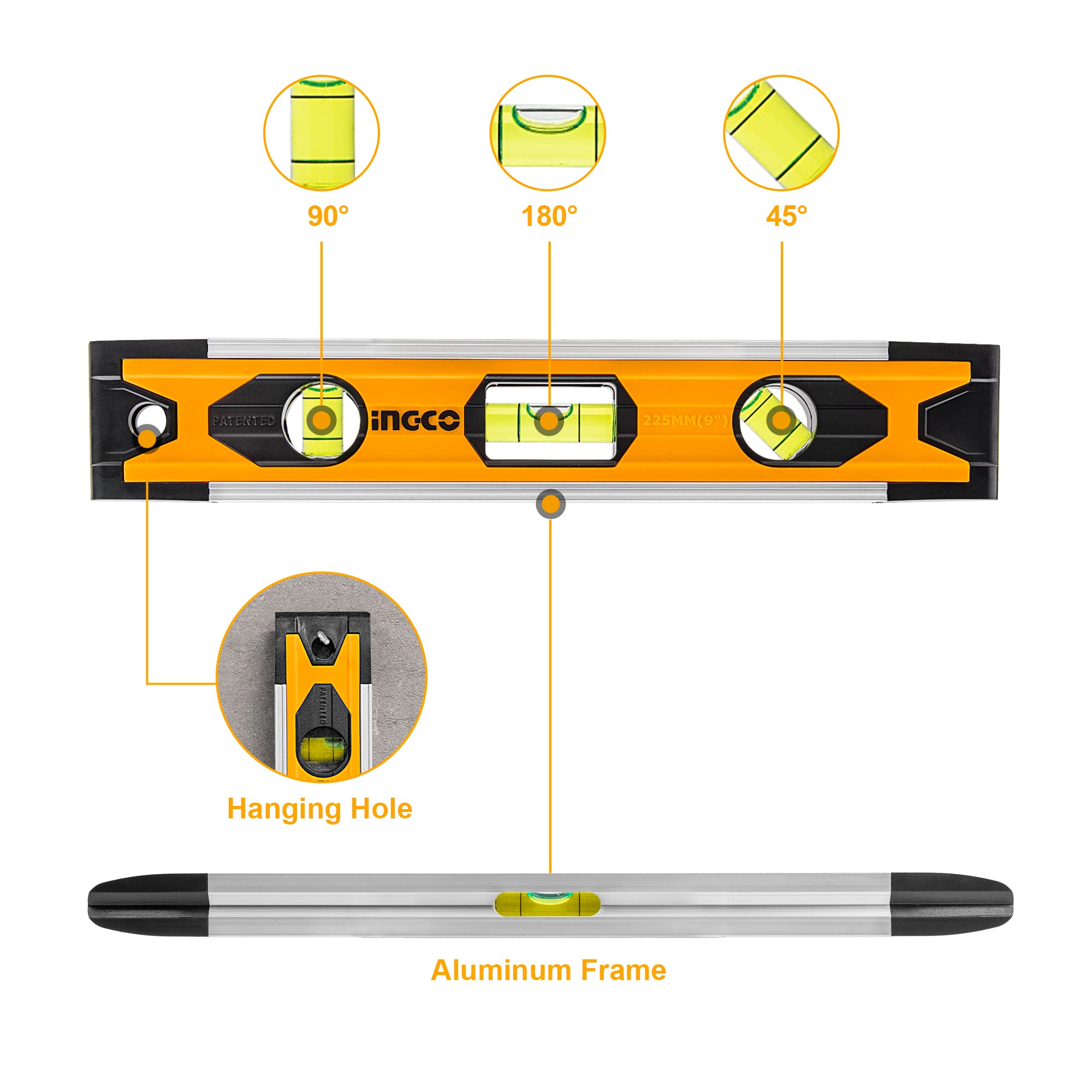 INGCO 9 Inch level Tool, Professional Torpedo Level Magnetic - Easy to Read Bubble Levels for Construction and DIY Projects