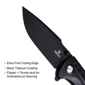 SHIELDON Relicanth EDC Pocket Knife, 3.2" D2 Blade Black G10 Handle Liner Lock Folding Knife with Clip, Qualified as Outdoor Hunting Knife