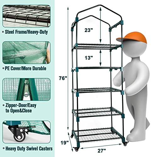 Worth Garden 5 Tier Mini Greenhouse w/ Castors Wheels - Portable Small Gardening Green House w/ PE Cover - Upgraded Heavy Duty Swivel Castors w/ Brakes - 76''H x 27''L x 19''W Indoor & Outdoor